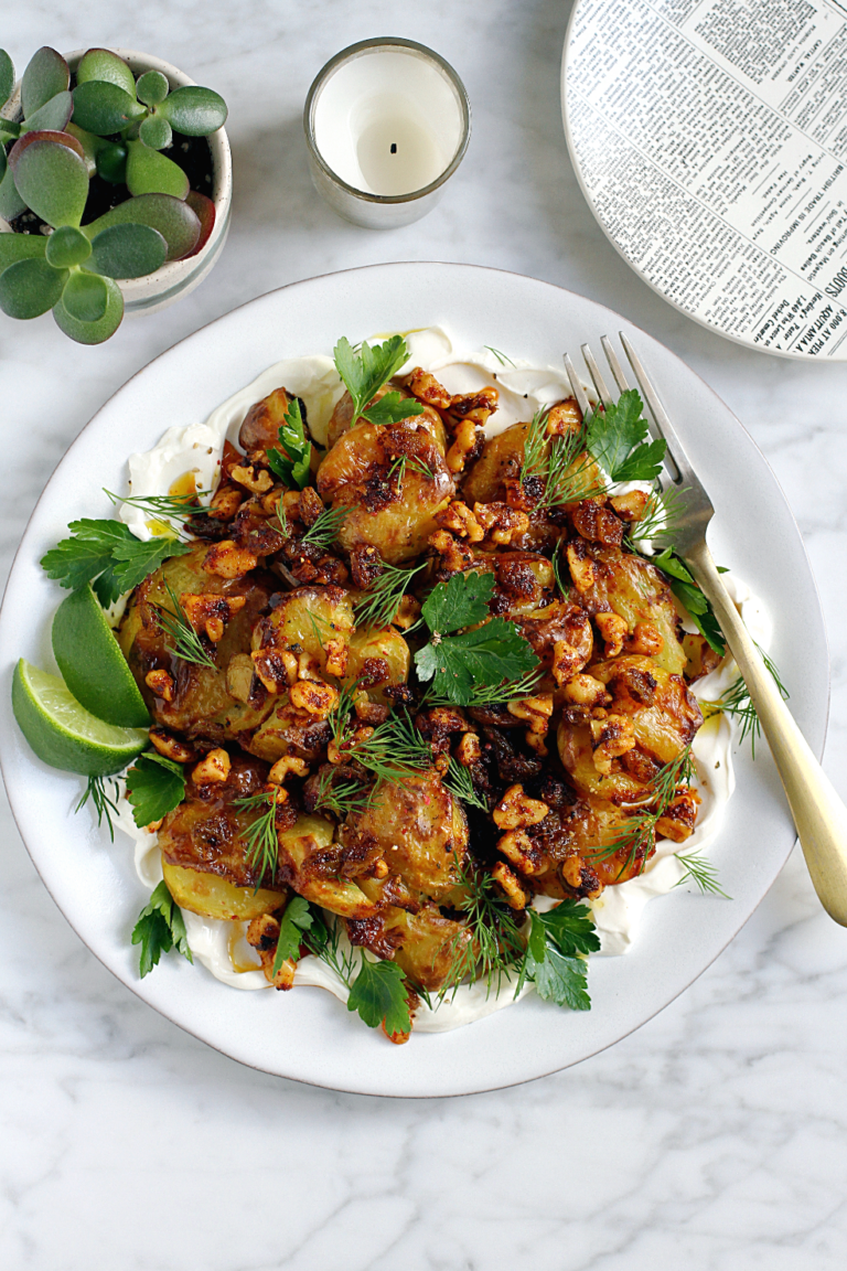 Crispy Smashed Potatoes with Walnut Dressing - Two of a Kind